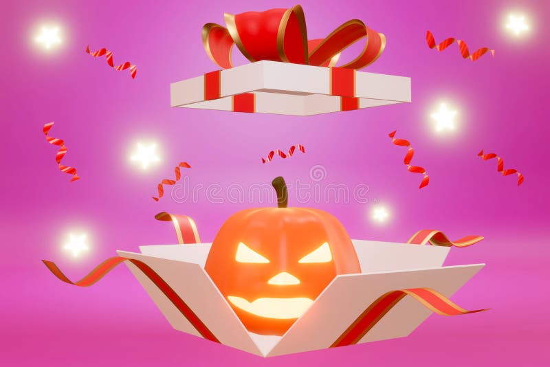Open White Gift Box with Red and Gold Ribbon and Scary Pumpkin Inside ...