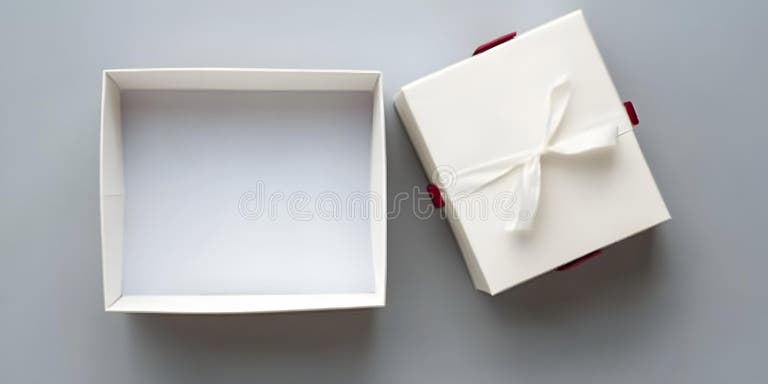 Open White Gift Box with Ribbon on Minimalist Grey Background, Empty ...