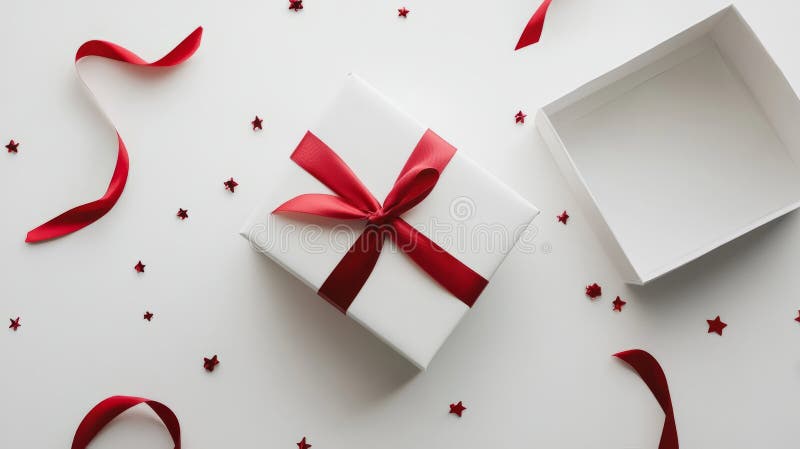 Open White Gift Box Tied with Red Ribbon on White Background Stock ...