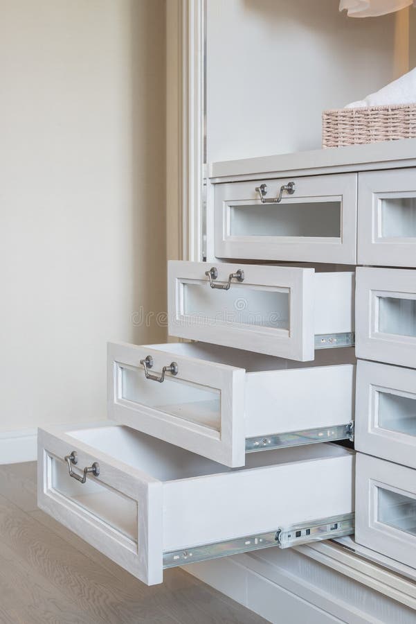 Open White Laminated Drawer with Handle Stock Photo - Image of room ...