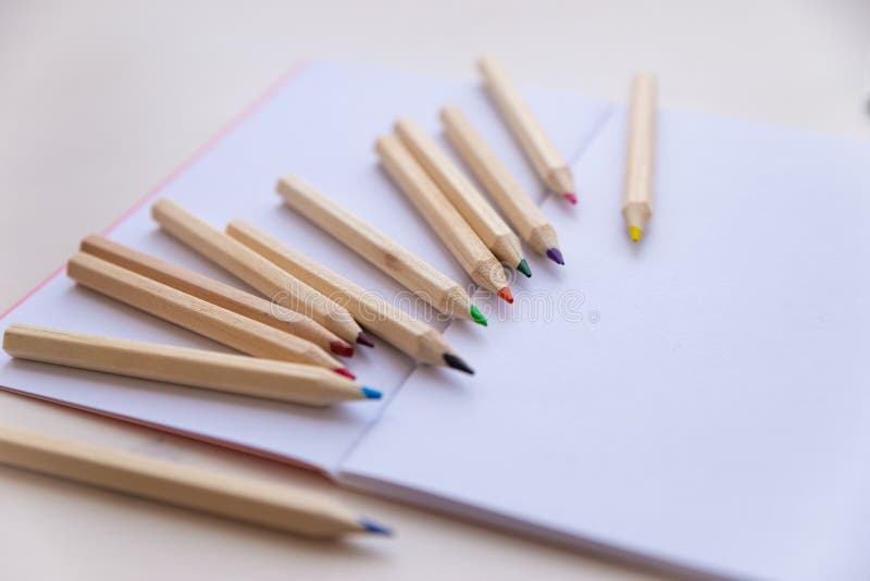 Open Notebook, with Colored Crayons and Drawing Stock Image - Image of ...