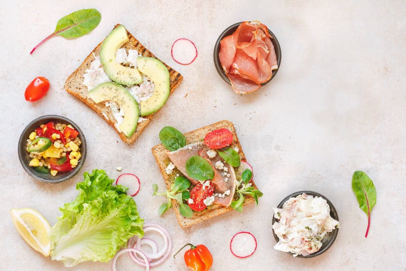 Open Wholemeal Sandwiches and Various Ingredients Stock Photo - Image ...