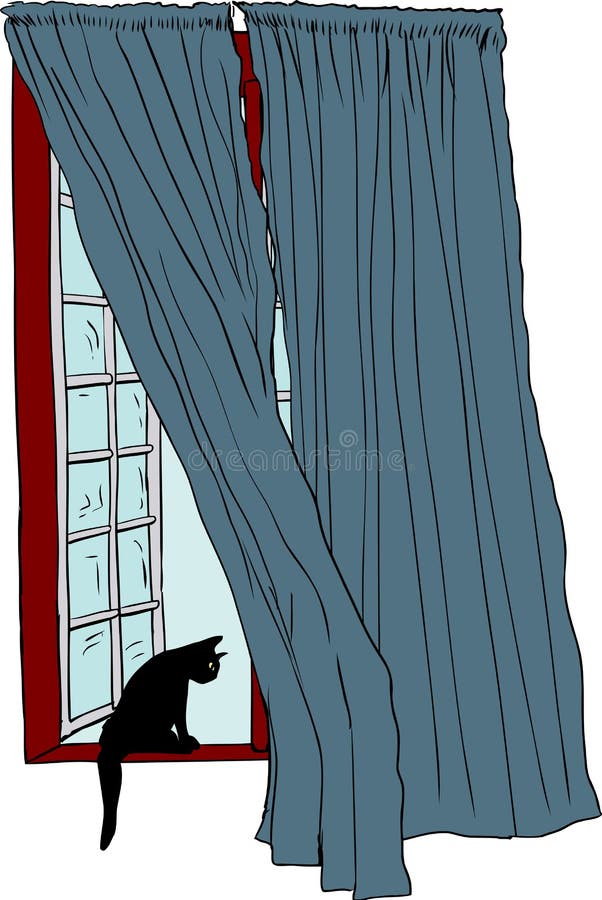 Open Window with Black Cat on Ledge Stock Illustration - Illustration ...