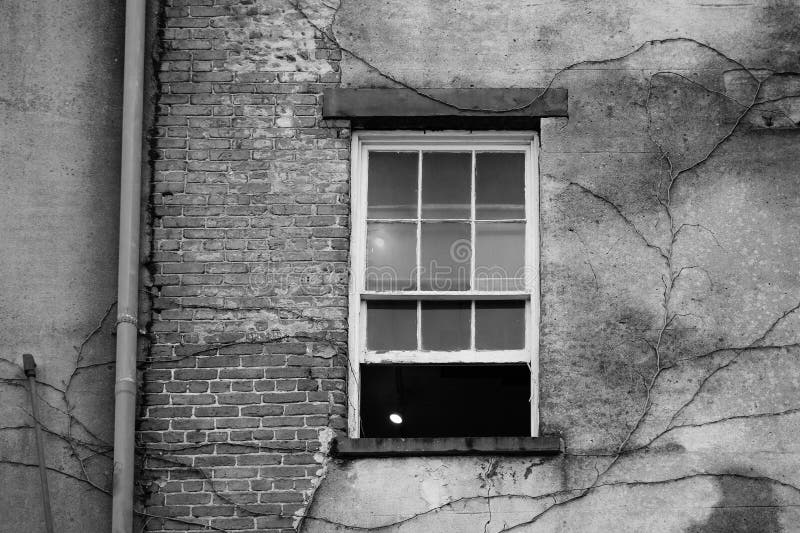 Open Window and Cracked Cement Over Brick Wall Stock Photo - Image of ...