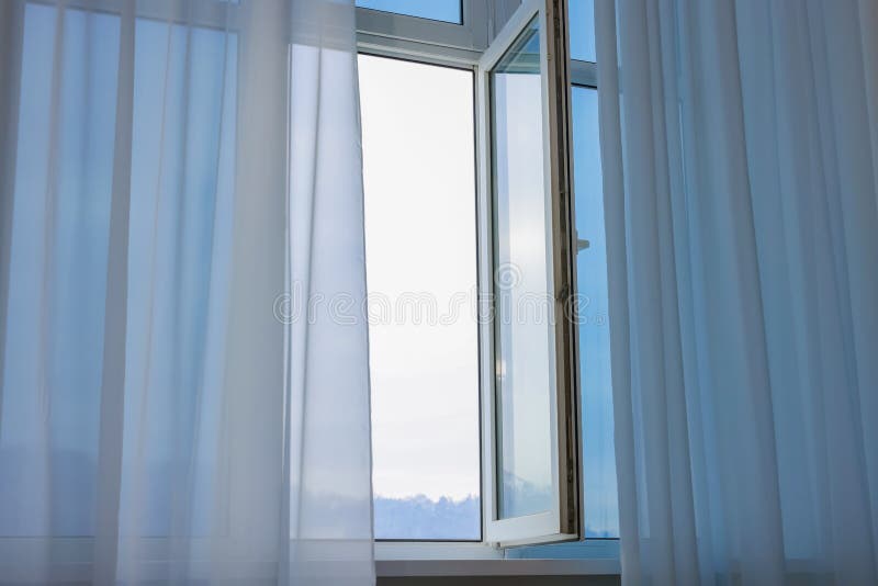 Open Window and Elegant White Curtains Indoors. Interior Design Stock ...
