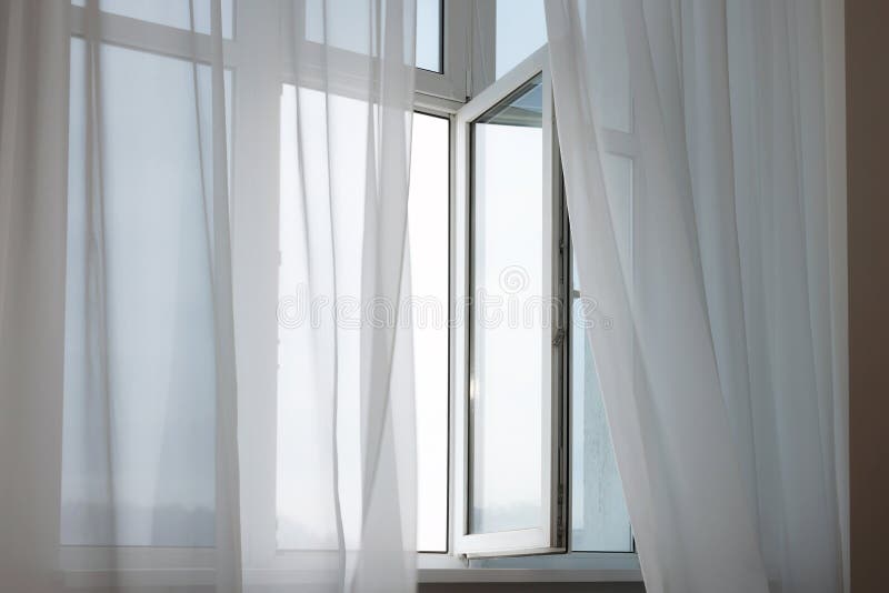 Open Window and Elegant White Curtains Indoors. Interior Design Stock ...
