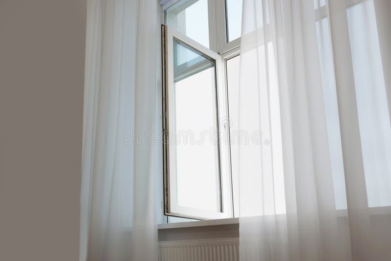 Open Window and Elegant White Curtains Indoors. Interior Design Stock ...