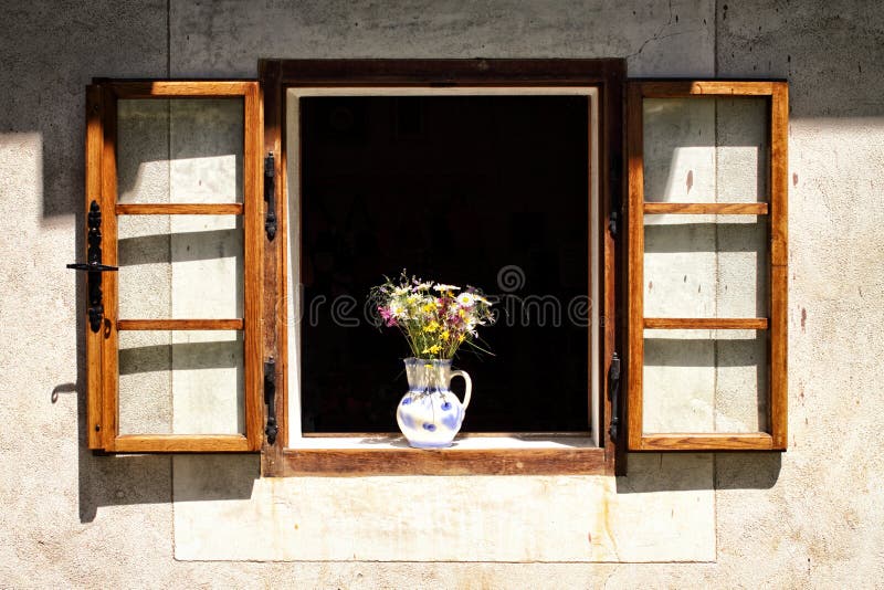 Open Window Frame with the Bouquet of Meadow Flowers Stock Photo ...