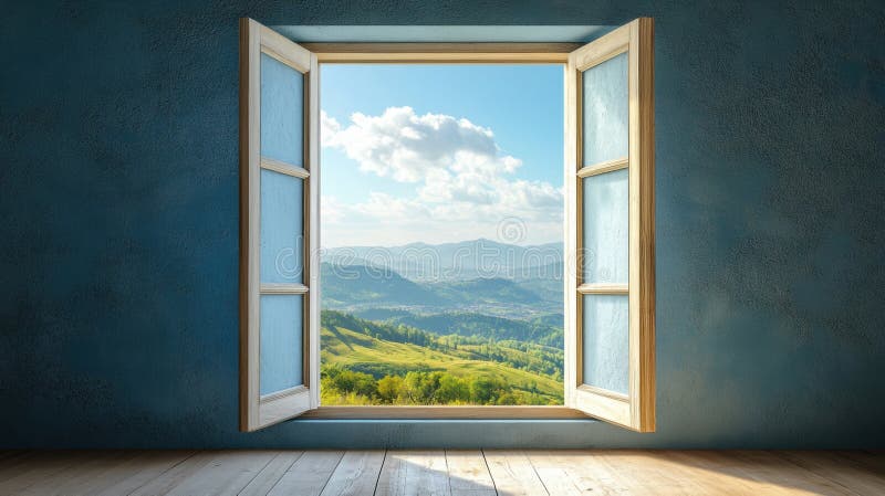 An Open Window Frames a Stunning View of Hills and Clouds, Inviting a ...