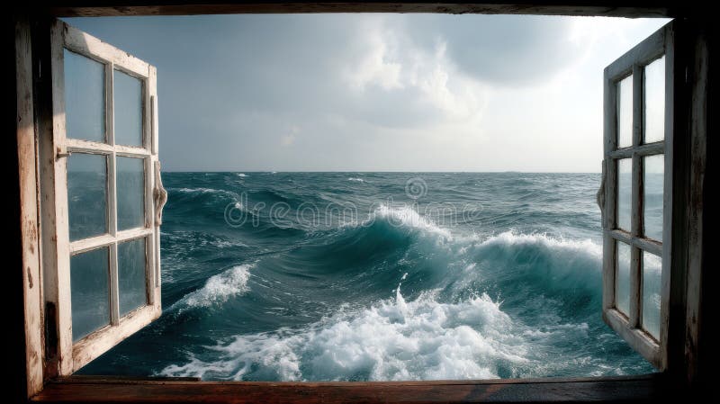 Open Window Frames View of Ocean Powerful Waves Stock Illustration ...