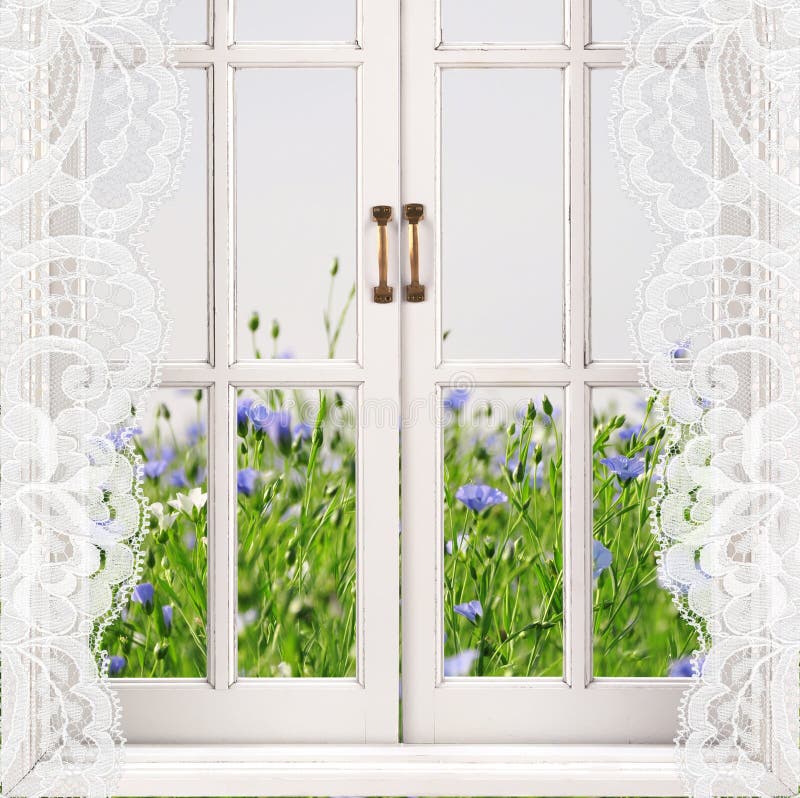 Open Window with Green Grass and Blue Flowers on Background Stock Photo ...