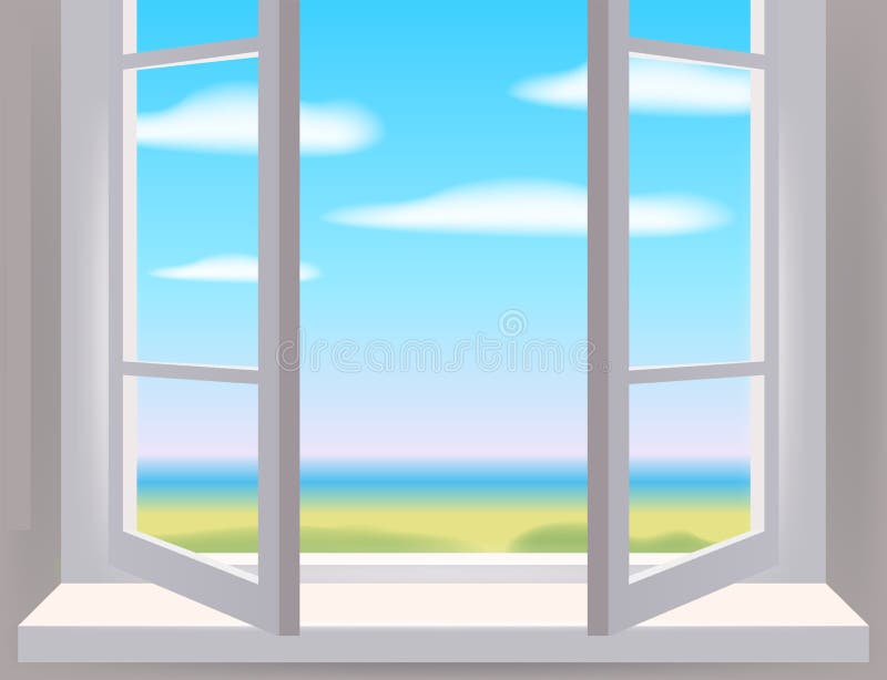 Open Window in Interior, View on Landscape, Spring, Curtains. Vector ...