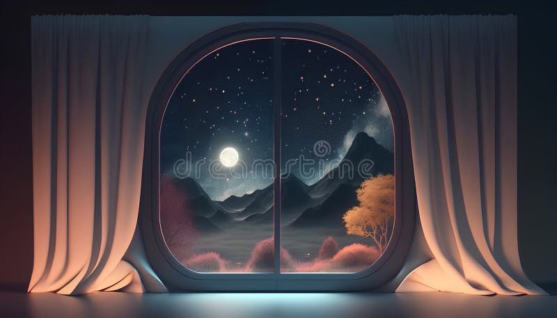 Open Window with Landscape View and Moonlight at Night, 3d Render Stock ...