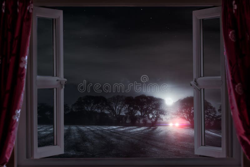 Open Window at Night with Car Lights Stock Image - Image of horror ...