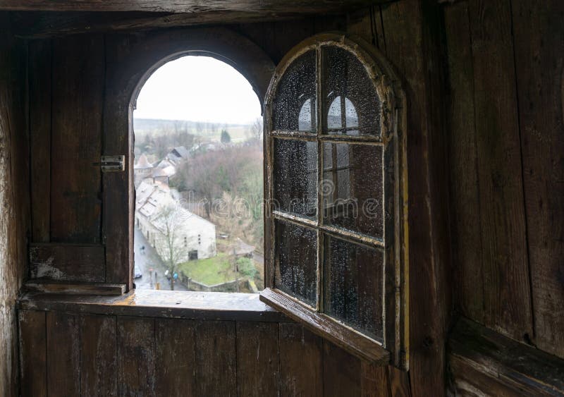 Open Window of Old Wooden Tower Stock Photo - Image of drops, outside ...