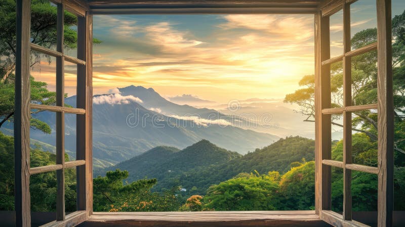 Open Window Overlooking Majestic Mountains Stock Illustration ...