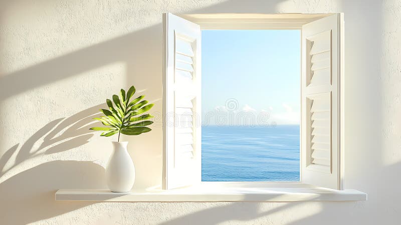 Open Window Overlooking Tranquil Ocean View with Decorative Plant Stock ...