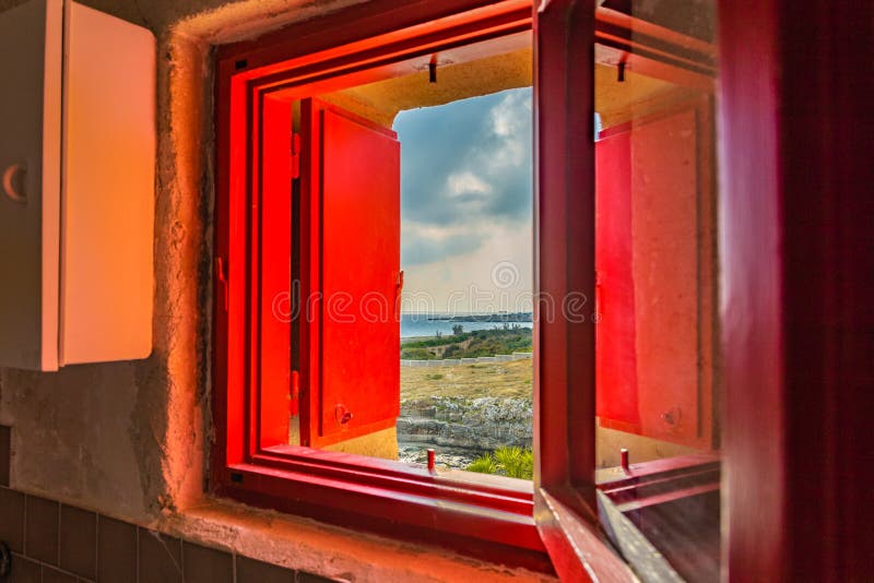 Window with Red Shutters Overlooking Pine Forest Stock Image - Image of ...