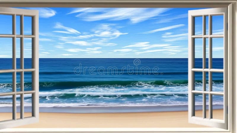 Open Window Revealing a Tranquil Beach Scene, Ocean Waves Gently ...