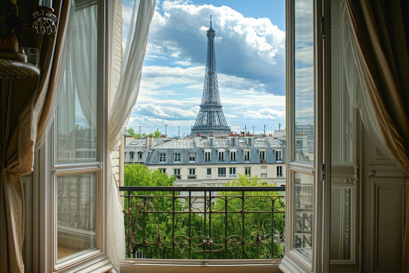 An Open Window Reveals a Clear View of the Iconic Eiffel Tower in Paris ...