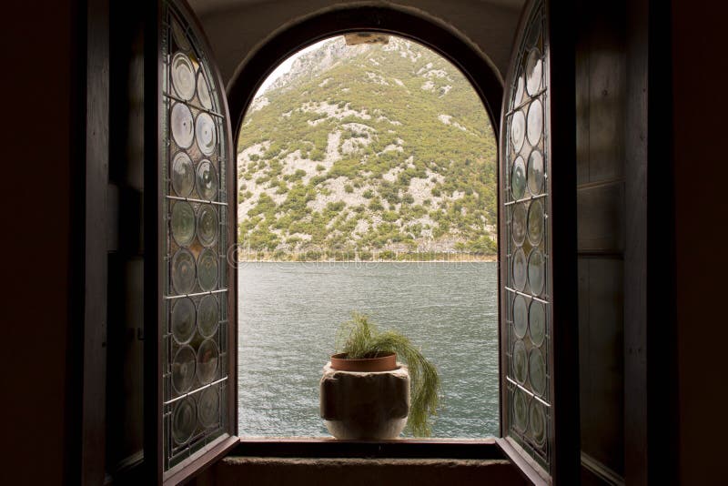 Open Window with Sea and Mountain Views Stock Image - Image of ...