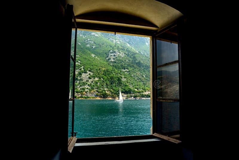Open Window with Sea and Mountain Views Stock Image - Image of rest ...