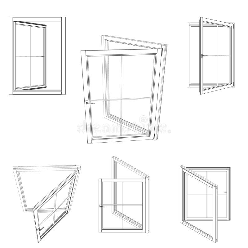Open Window Set.Isolated on White Background. Vector Outline Stock ...