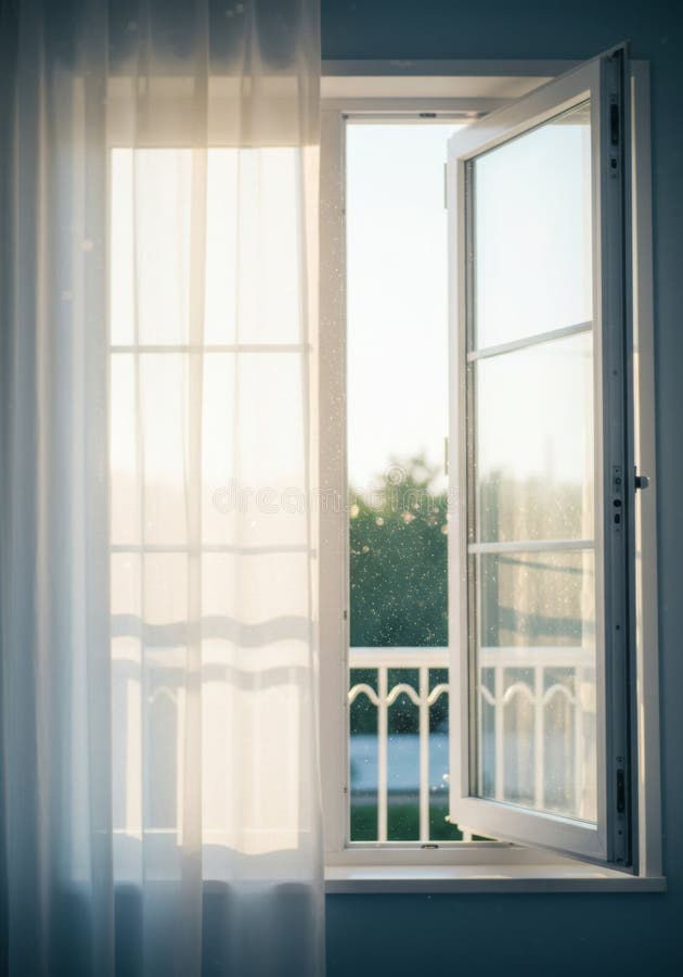 Open Window with Sheer Curtain and Sunlight Stock Illustration ...