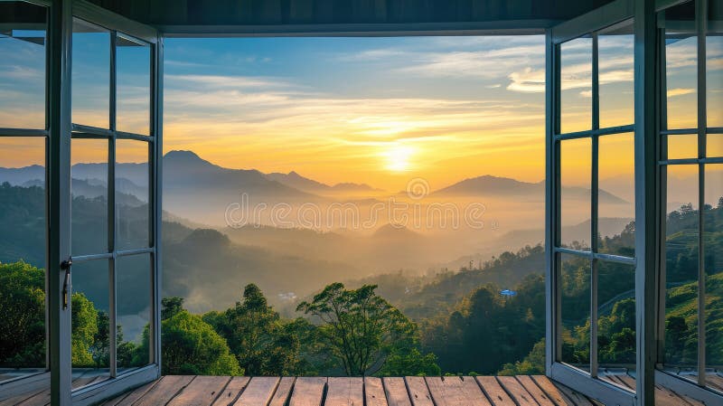 Mountain View through an Open Window Stock Illustration - Illustration ...