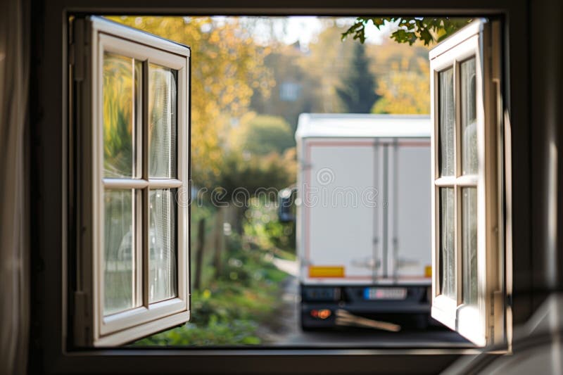 Through Open Window, Side View of Moving Truck Stock Photo - Image of ...