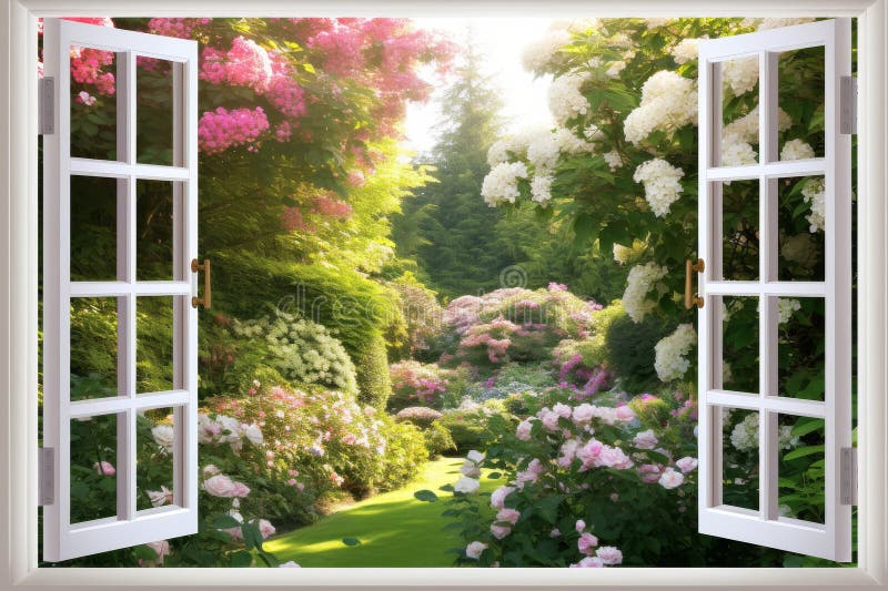 Open Window with Summer Garden View with Different Flowers Stock ...
