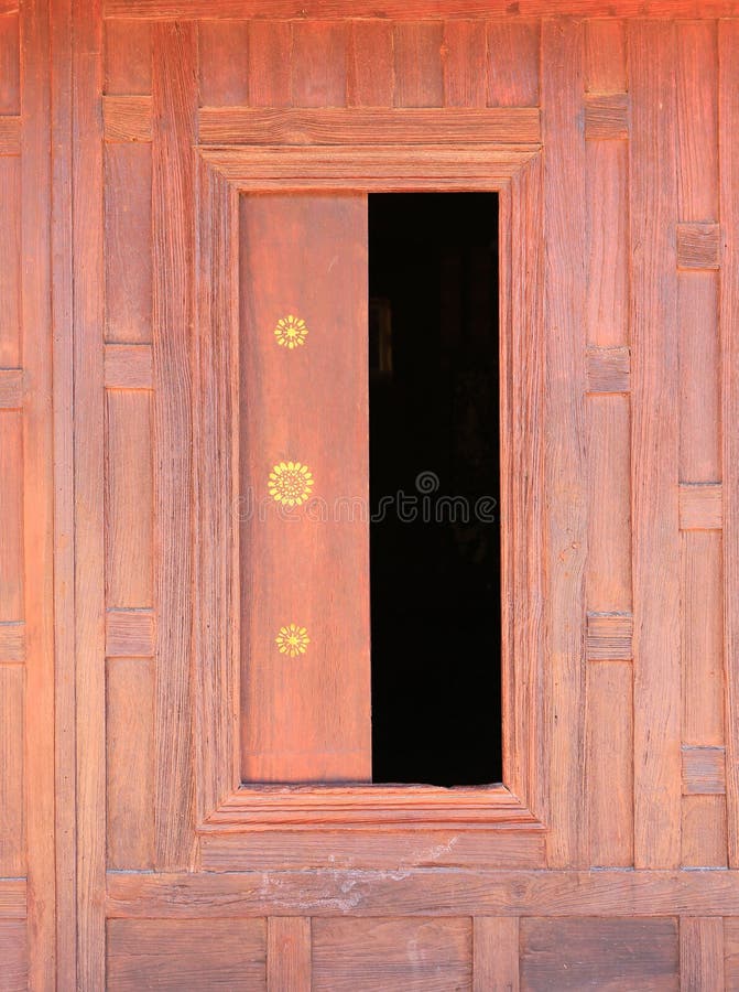 Open Window. Thai Style Wooden Windows on Brown Wood Wall Background ...