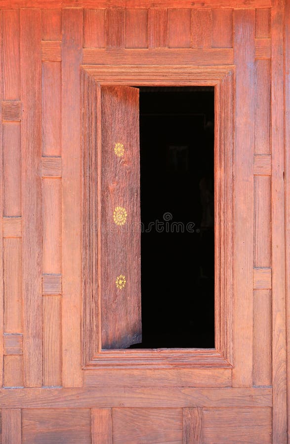 Open Window. Thai Style Wooden Windows on Brown Wood Wall Background ...