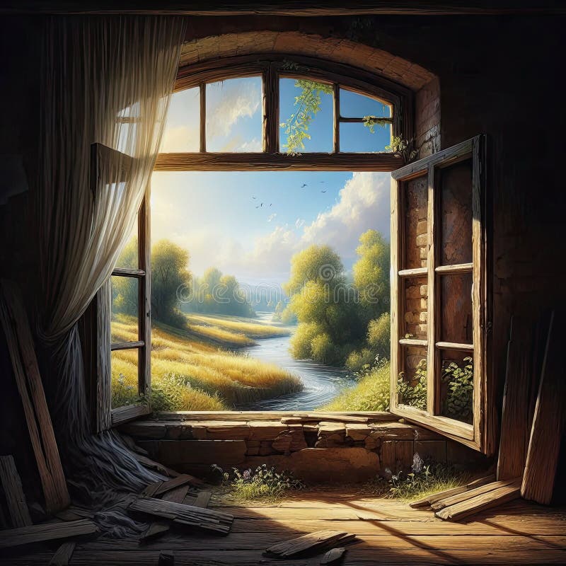 Open Window To Summer Landscape View Stock Illustration - Illustration ...