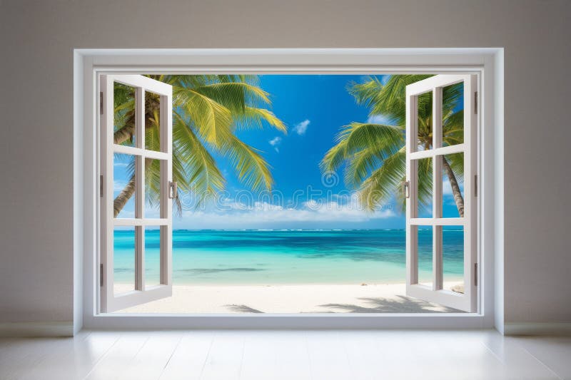 Open Window with Tropical Beach View and White Wooden Floor Stock ...