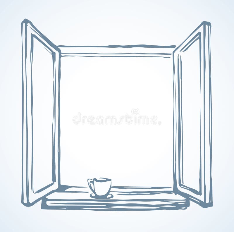 Open Window. Vector Drawing Stock Vector - Illustration of coffee, blue ...