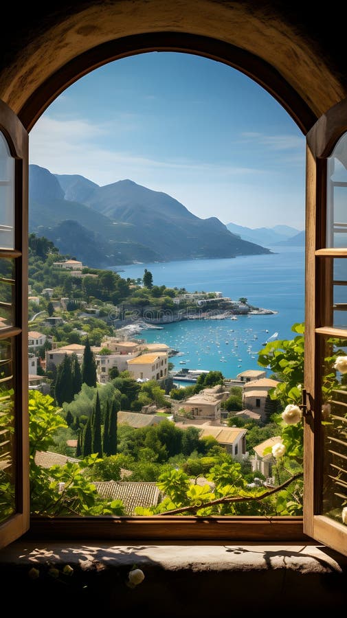 An Open Window with a View of a Bay and Mountains.Window View from ...