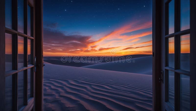 Stunning Sunset View from Open Window Over Desert Dunes Stock ...