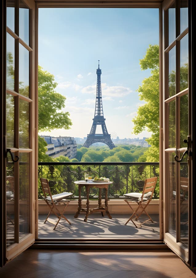 An Open Window with a View of the Eiffel Tower.Window View from Metal ...