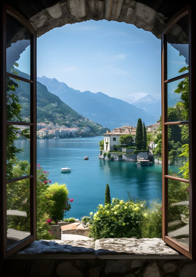 An Open Window with a View of a Lake.Window View from Villa Window ...