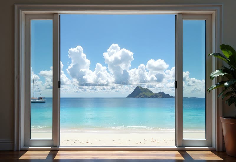 Open Window with View of the Sea and Sand Beach. Paradise Concept ...