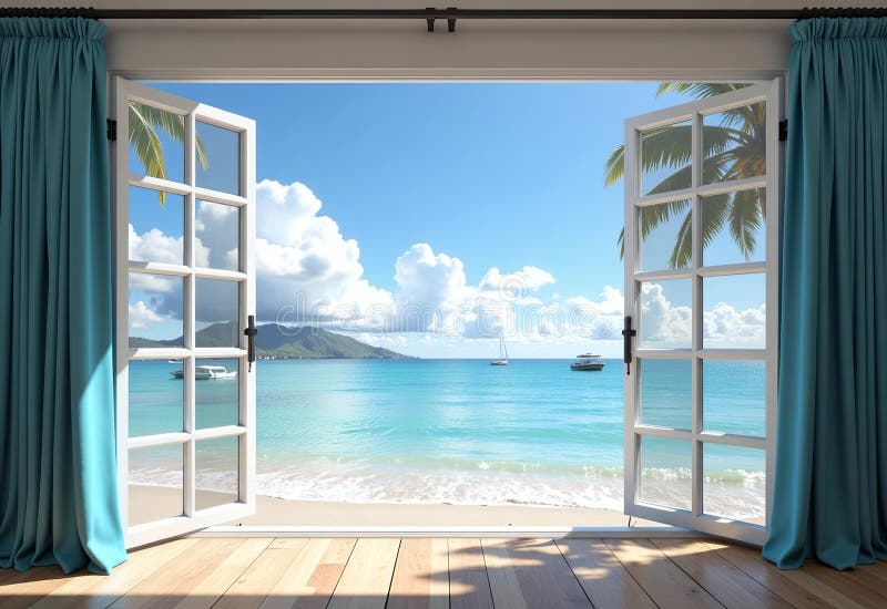 Open Window with View of the Sea and Sand Beach. Paradise Concept ...