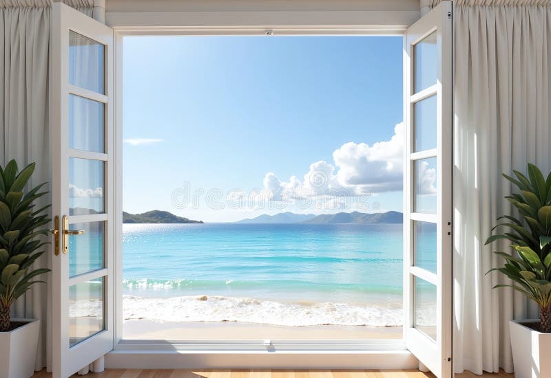 Open Window with View of the Sea and Sand Beach. Paradise Concept ...