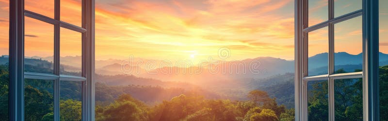 Open Window with a View of Snow-Capped Mountains Stock Illustration ...