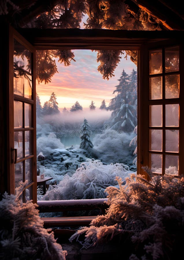 An Open Window with a View of a Snowy Forest.Window View from Wooden ...