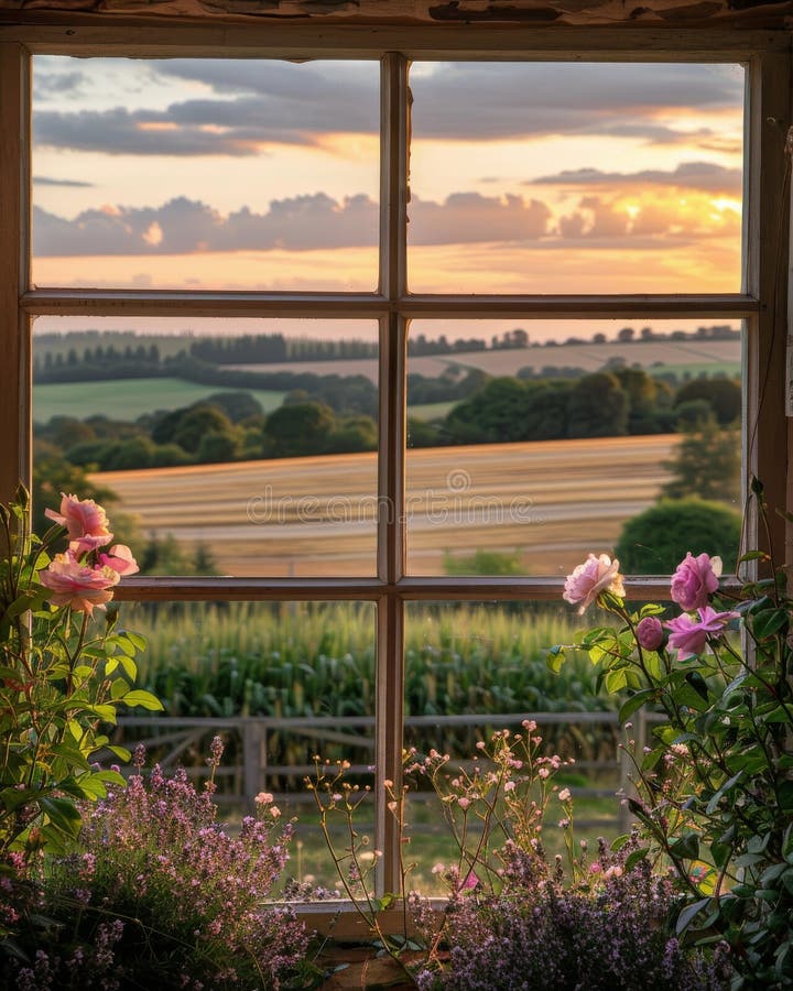 Open Window View of Sunset Over Rural Landscape Stock Image - Image of ...