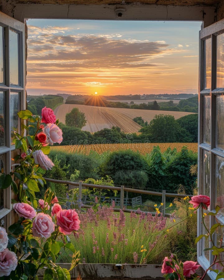 Open Window View of Sunset Over Rural Landscape Stock Photo - Image of ...