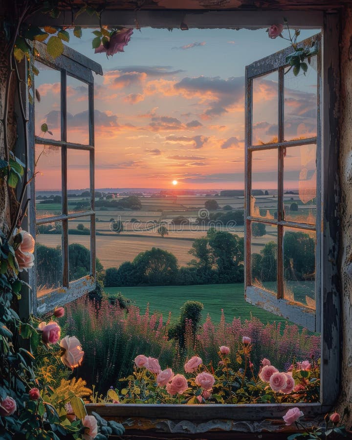 Open Window View of Sunset Over Rural Landscape Stock Image - Image of ...