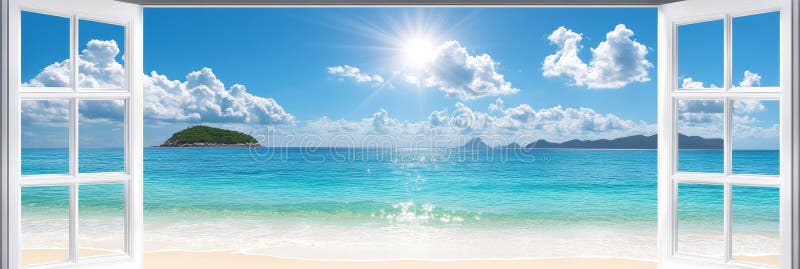 Open Window View of a Tropical Paradise, Inviting Blue Ocean with ...