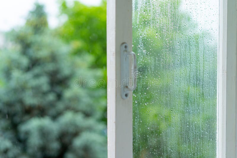 Window with Water Drops Closeup, Inside, Selective Focus. Window with ...